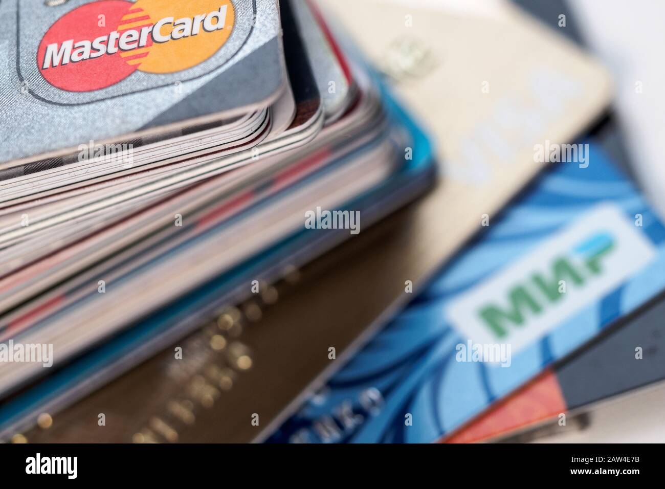 Saint Petersburg, Russia - February 3 2020. A pack of plastic bank ...