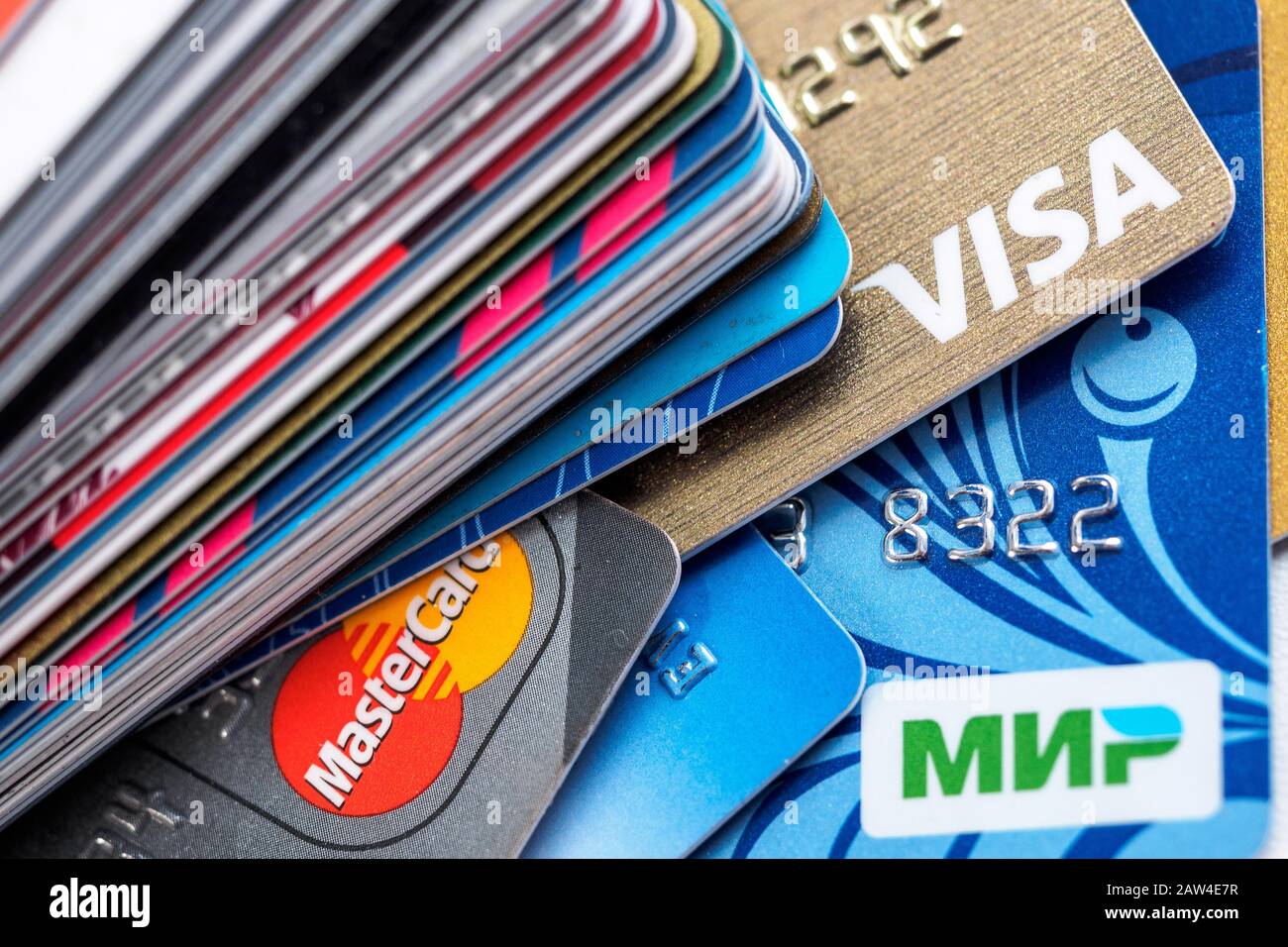 Saint Petersburg, Russia - February 3 2020. A pack of plastic bank ...