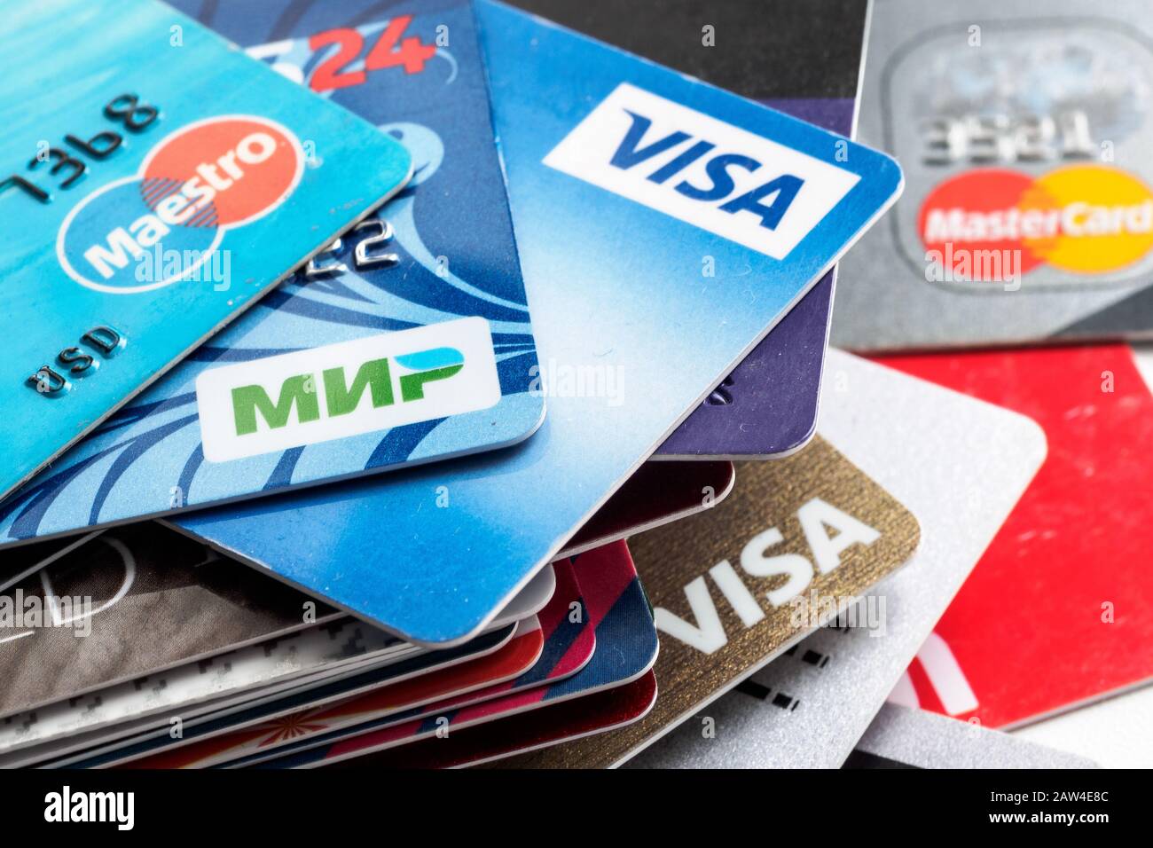 Saint Petersburg, Russia - February 3 2020. A pack of plastic bank ...