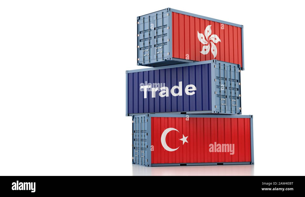 Freight container with Hong Kong and Turkey flag. 3D Rendering Stock ...