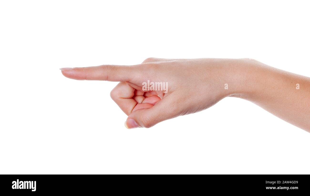 Woman's hand points a finger at something isolated on white background ...