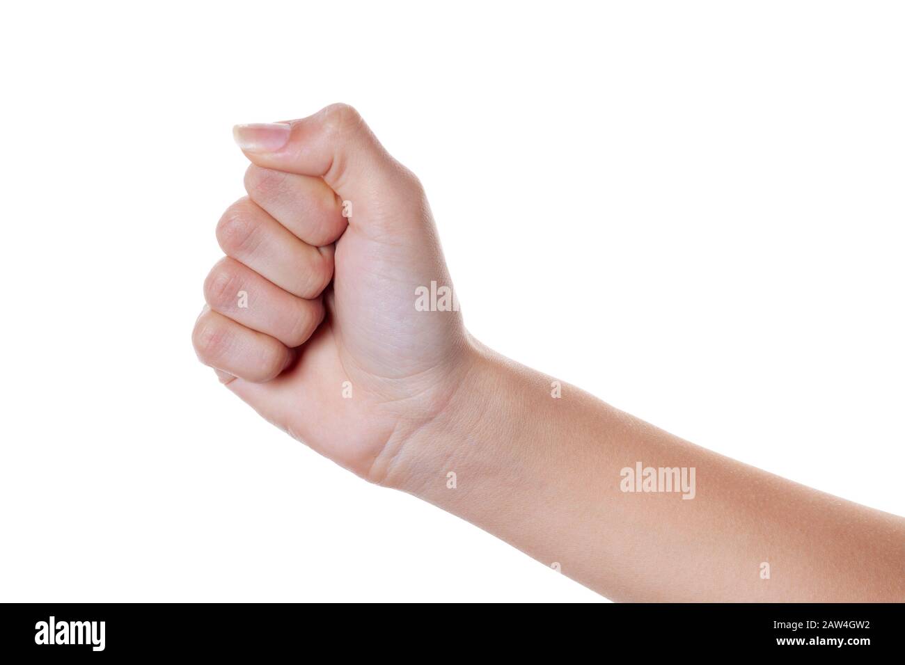 Female hand with fingers folded into fist isolated on white background ...