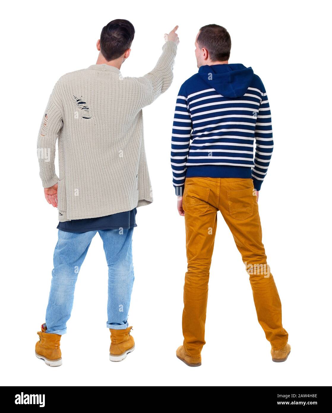 Back view of two man in sweater pointing. Rear view people collection ...