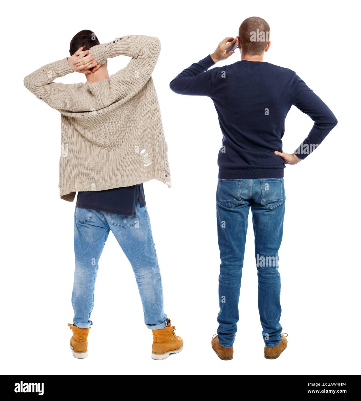 Back view of two man in sweater with mobile phone. Rear view people ...