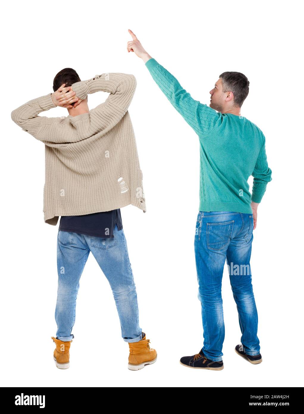 Back view of two man in sweater pointing. Rear view people collection ...
