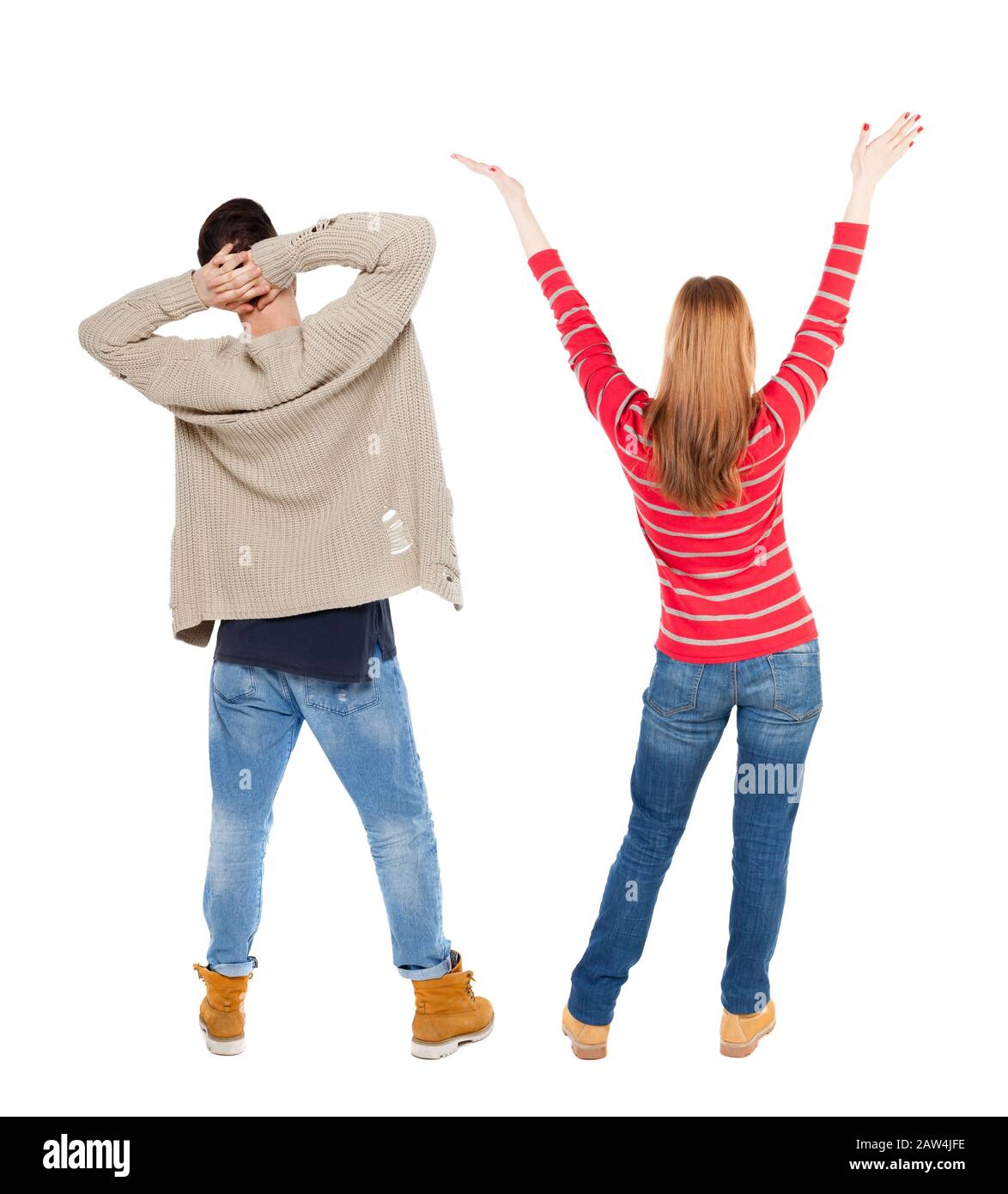 Back view of couple in sweater. beautiful friendly girl and guy ...