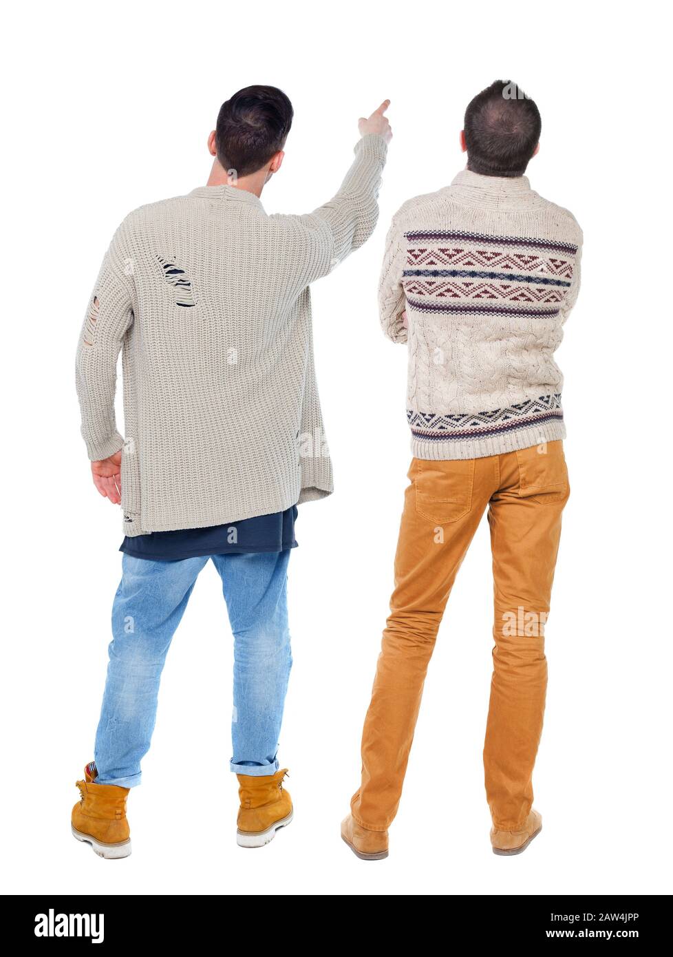 Back view of two man in sweater pointing. Rear view people collection ...