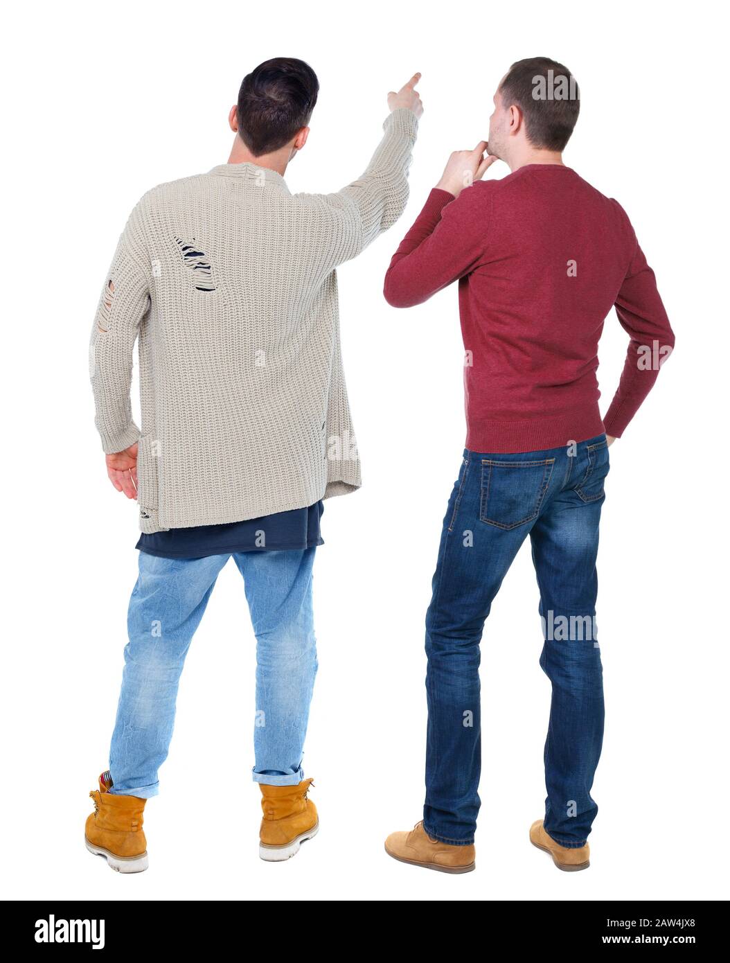 Back view of two man in sweater pointing. Rear view people collection ...