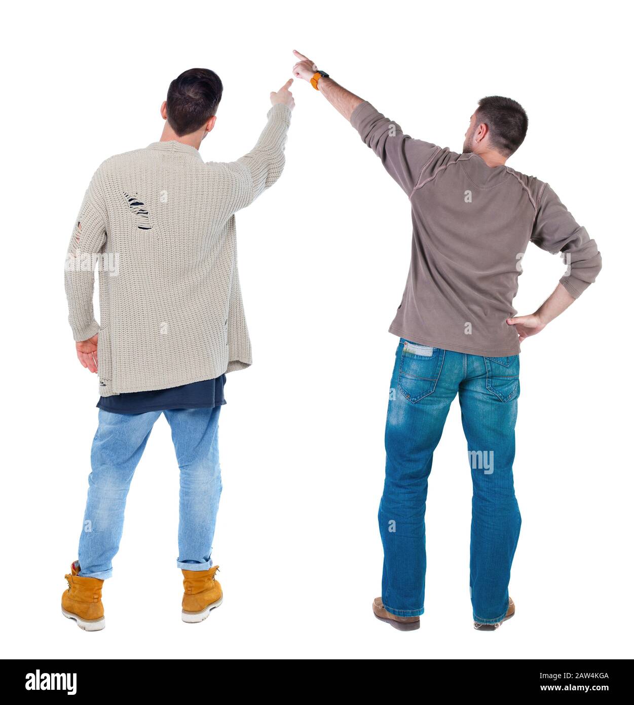 Back view of two man in sweater pointing. Rear view people collection ...