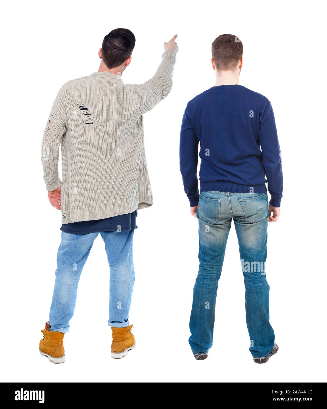 Back view of two man in sweater pointing. Rear view people collection ...