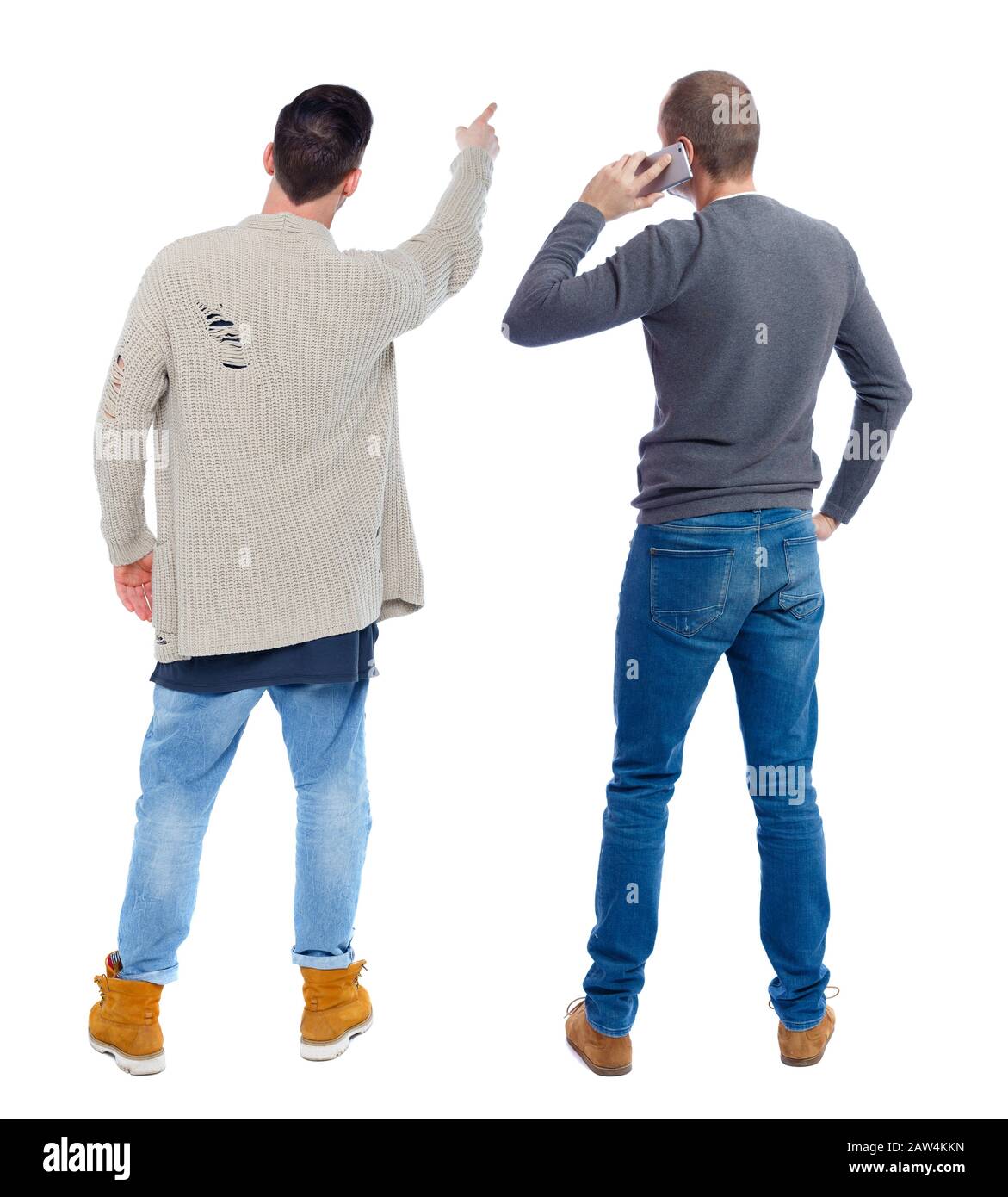 Back view of two man in sweater with mobile phone. Rear view people ...
