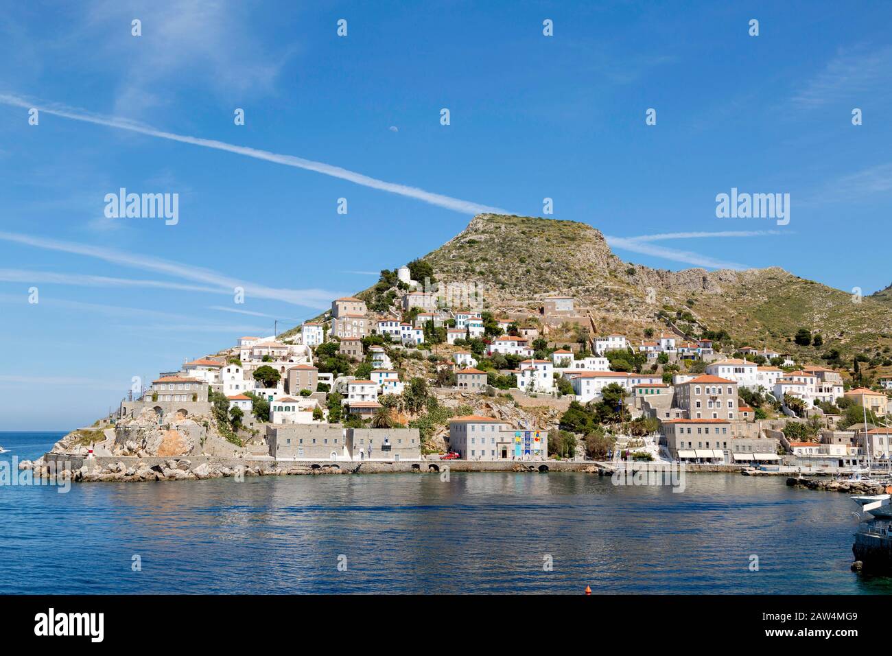 Hillside on Hydra Island in Greece at entrance to harbor with ...