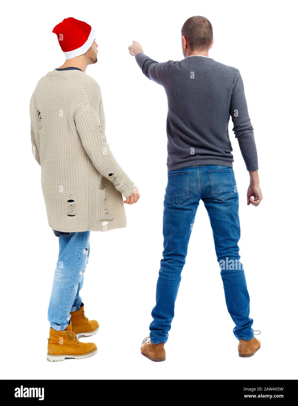 Back view of two man in sweater pointing. Rear view people collection ...