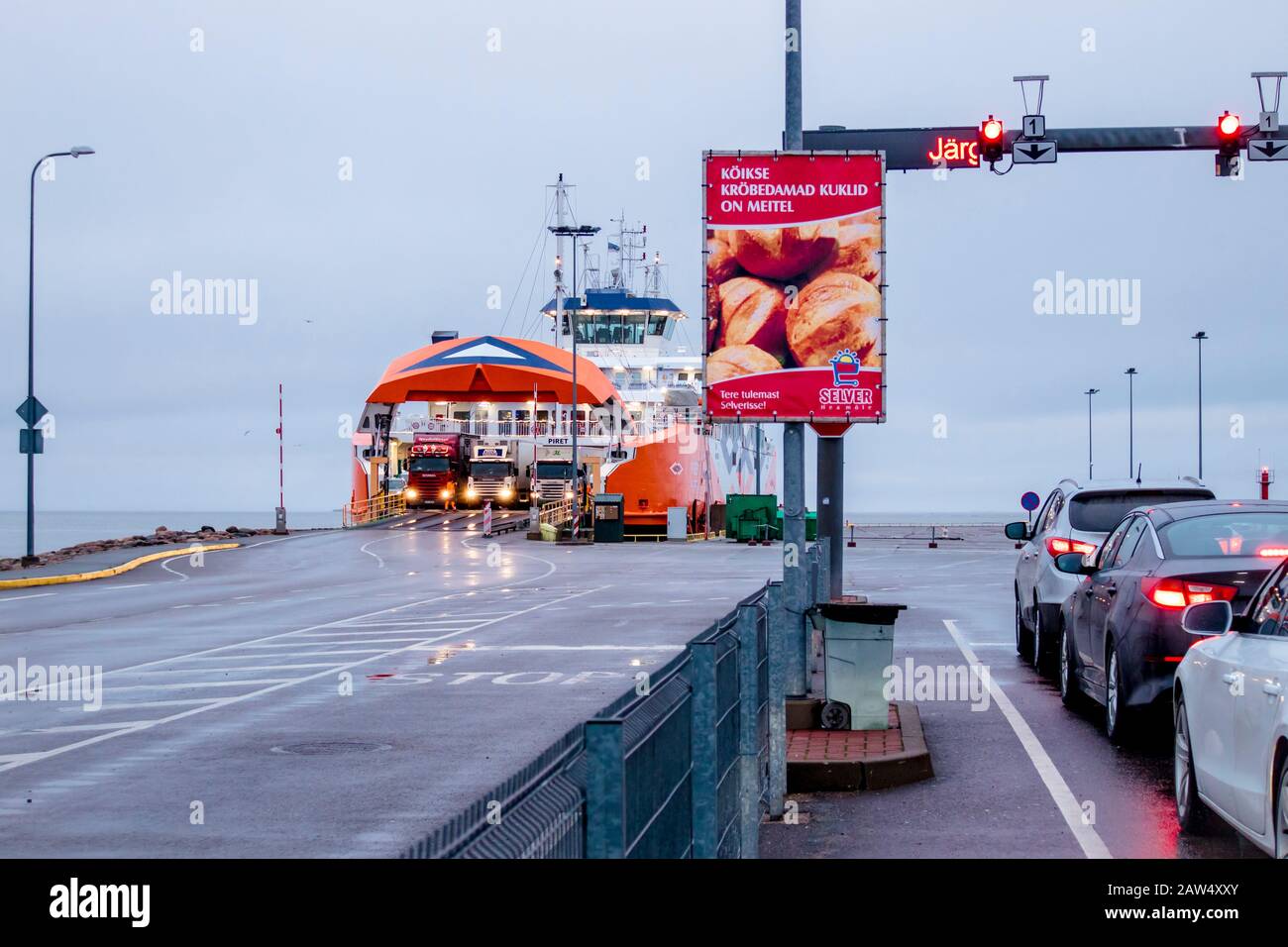 Virtsu, Läänemaa/Estonia-06JAN2020. Cars waiting in Virtsu harbor to ...