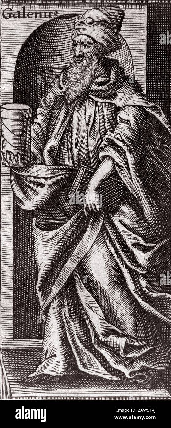 The greek GALENO di Pergamo ( 129 - 201 ), fantasy portrait engraved in ...