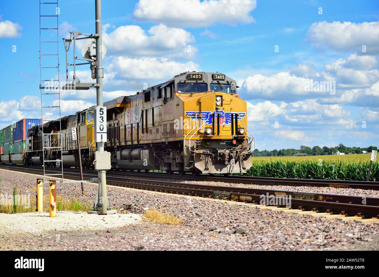 Maple Park, Illinois, USA. A Union Pacific intermodal freight train ...