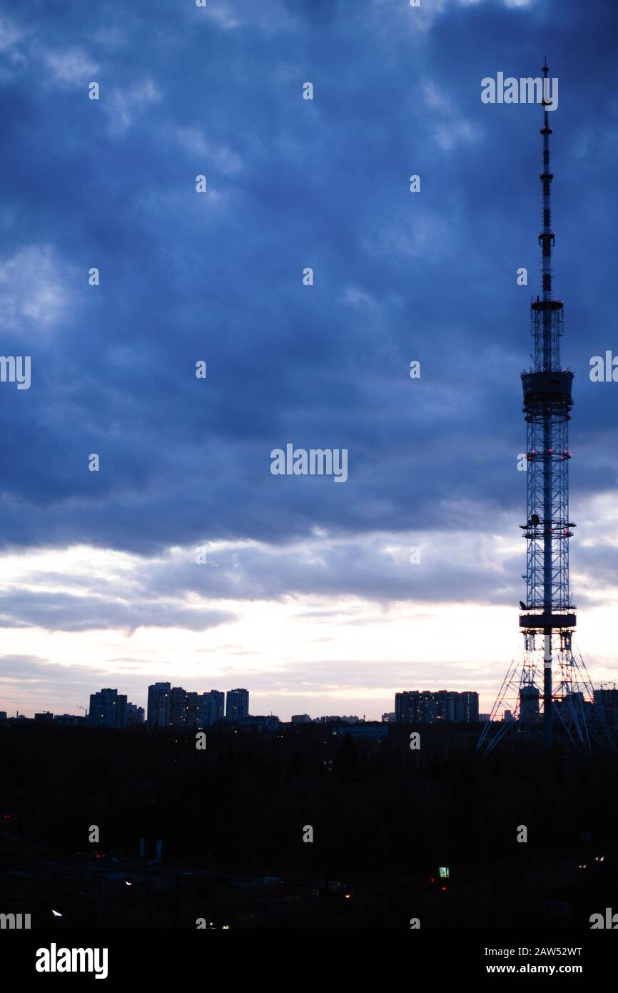 Telecommunication tower Antenna at sunset. Beautiful landscape Stock ...