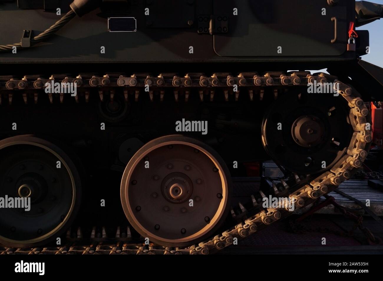 View of caterpillar drive wheels. A fragment of a caterpillar military ...