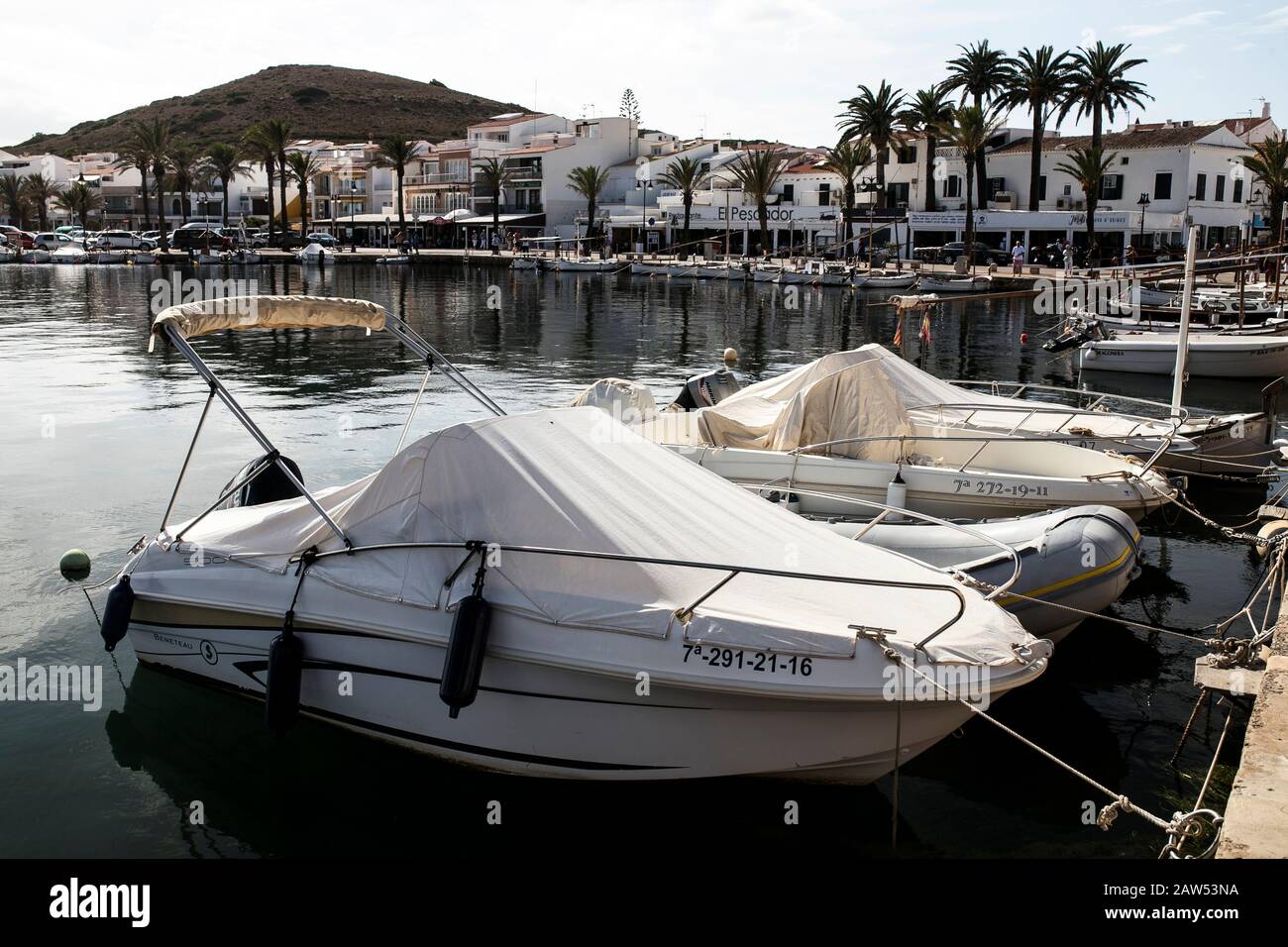 Boats in the harbour in Fornells, Menorca Stock Photo - Alamy