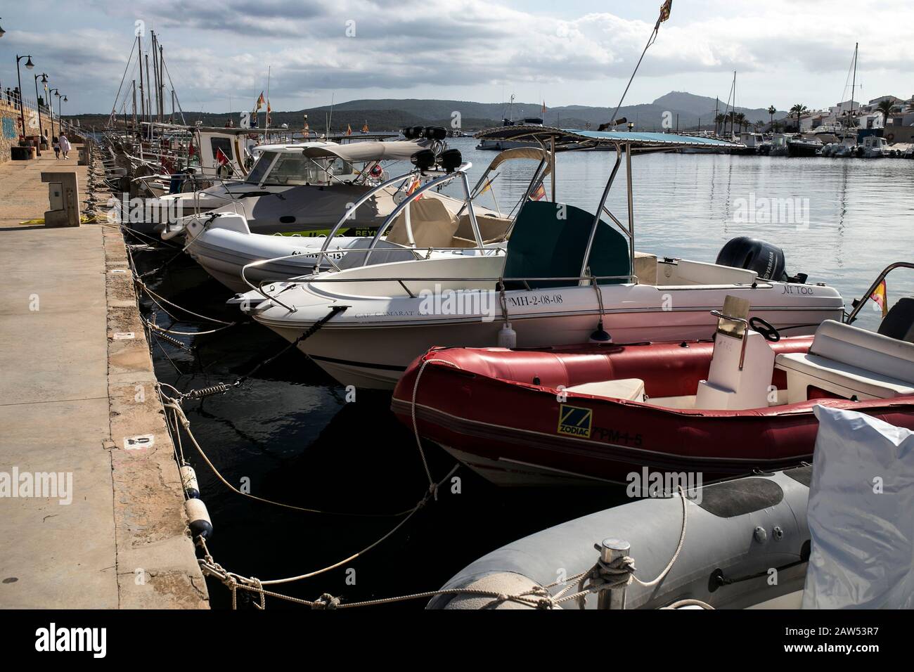 Boats in the harbour in Fornells, Menorca Stock Photo - Alamy