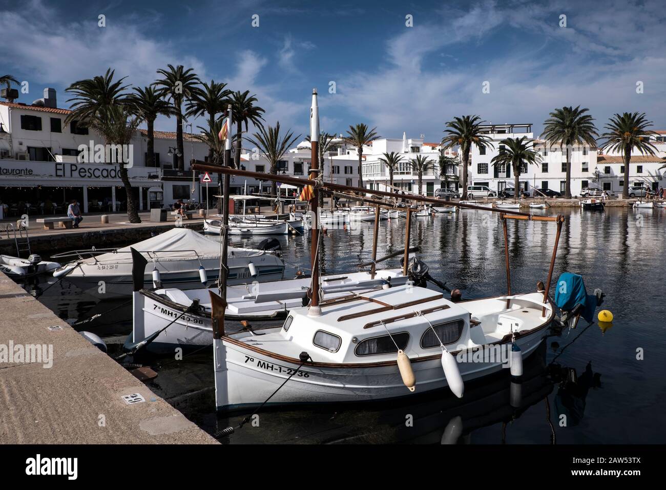 Boats in the harbour in Fornells, Menorca Stock Photo - Alamy