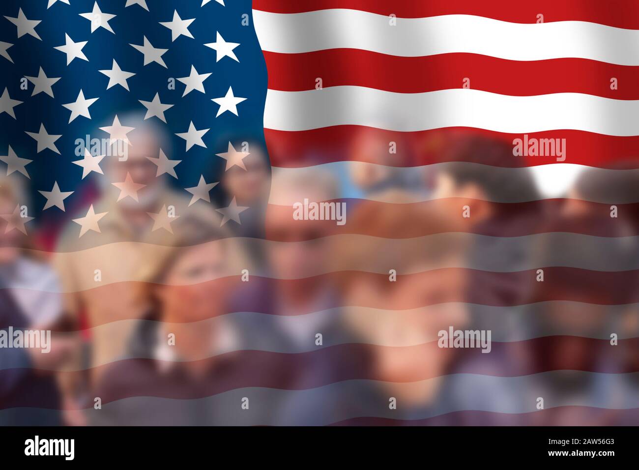 Big USA flag with groups of blurred people in the foreground. Patriotic ...