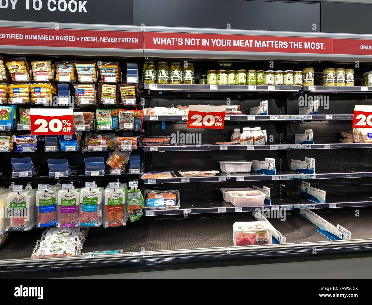 Orlando, FL/USA-2/4/20: Signs and empty shelves in the meat aisle of an ...