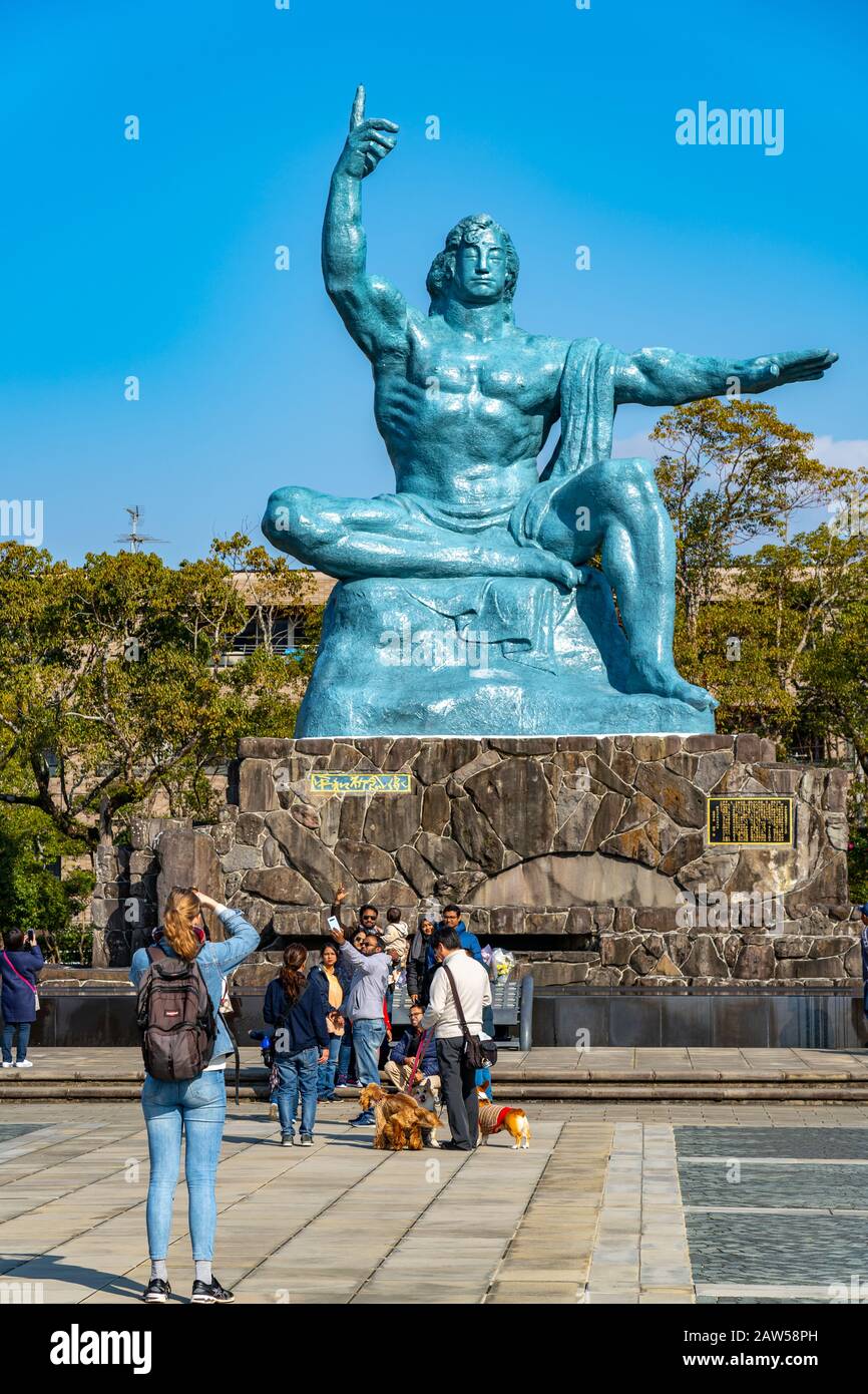 Peace Statue in Nagasaki Peace Park in sunny day. A historical park ...