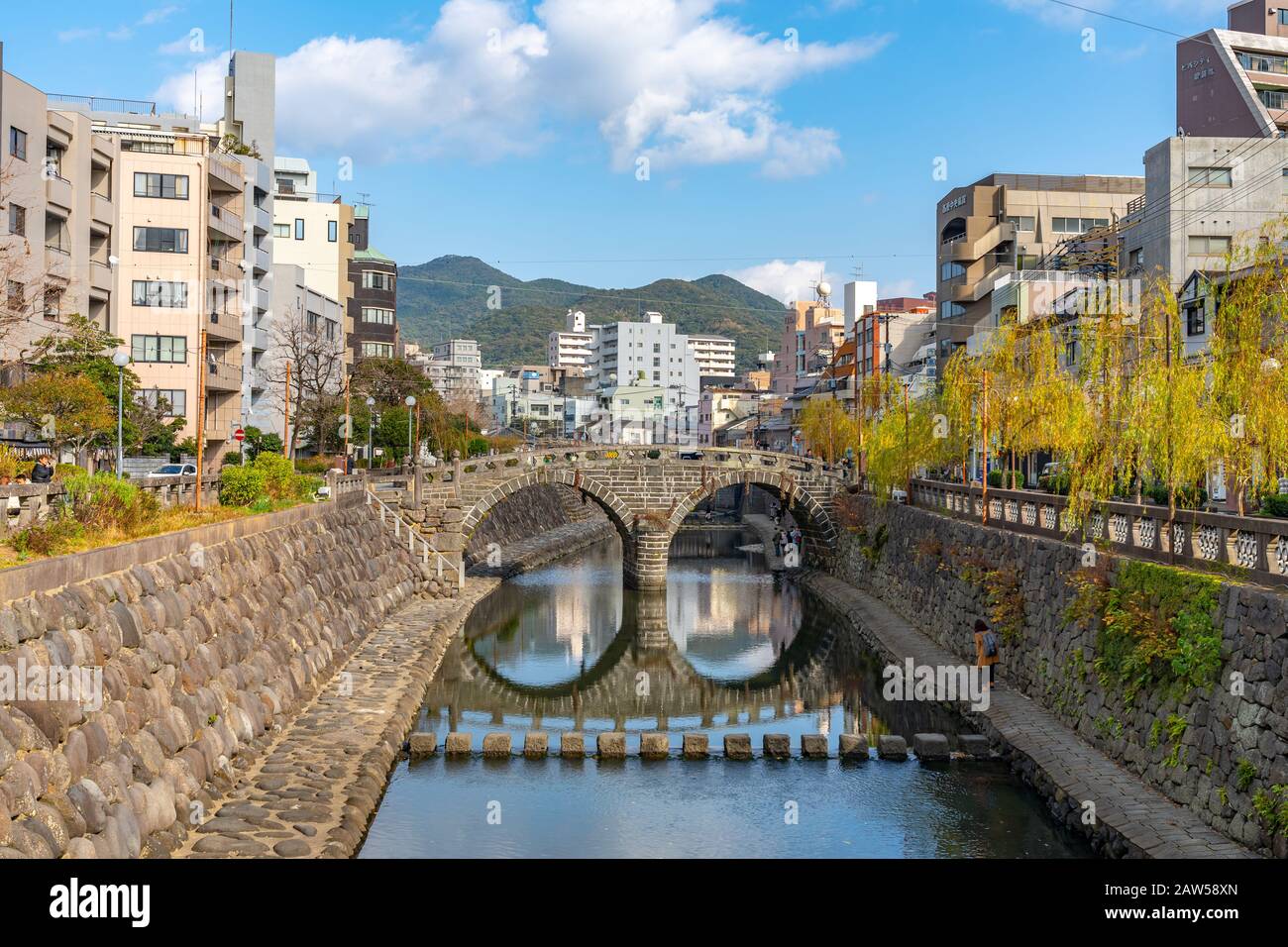 Megane Bridge (Spectacles Bridge) in sunny day with beautiful blue sky ...