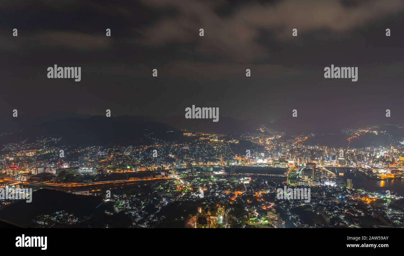 Nagasaki city light up at night. Panorama nightscape from Mt Inasa ...