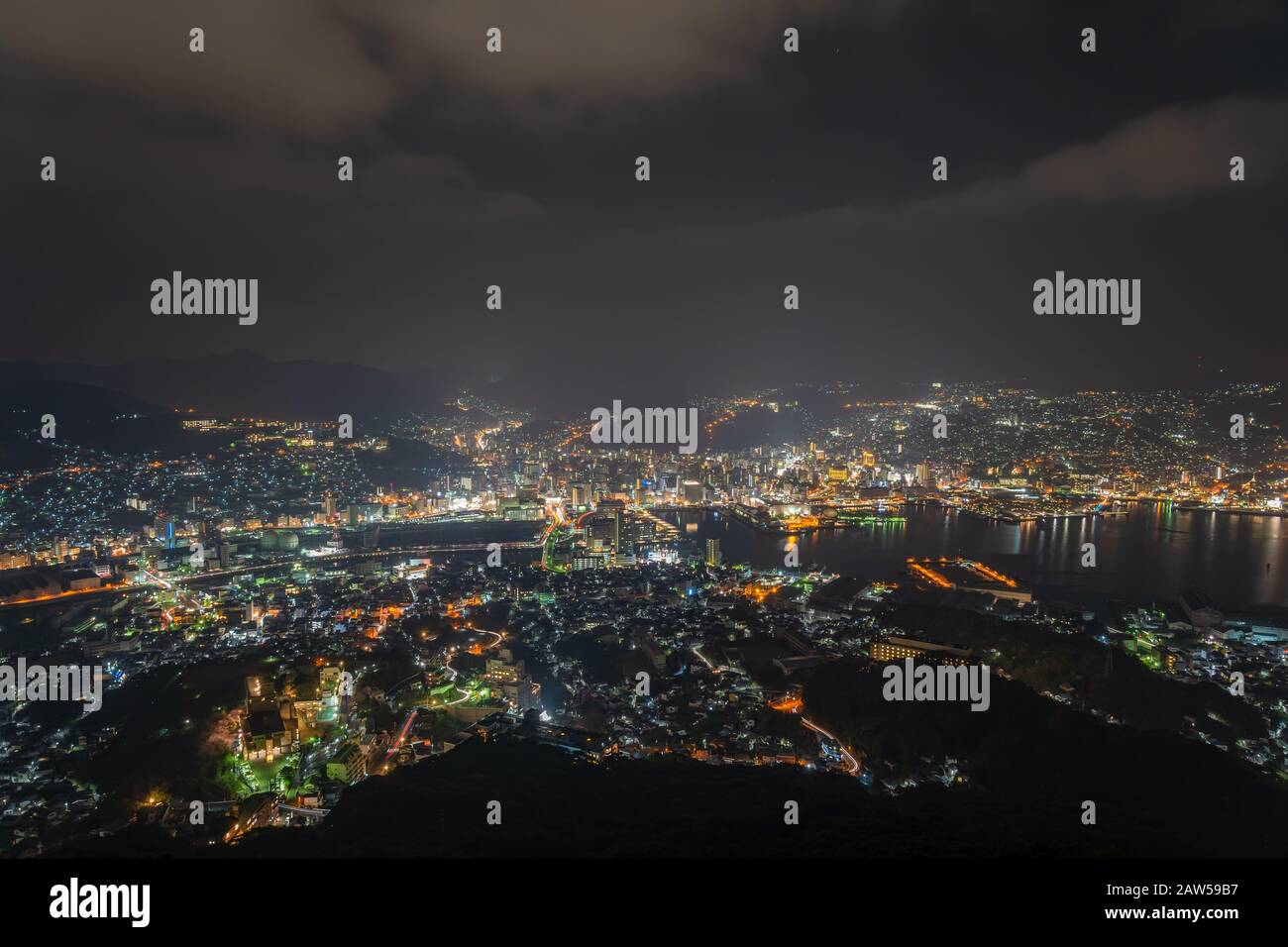 Nagasaki city light up at night. Panorama nightscape from Mt Inasa ...
