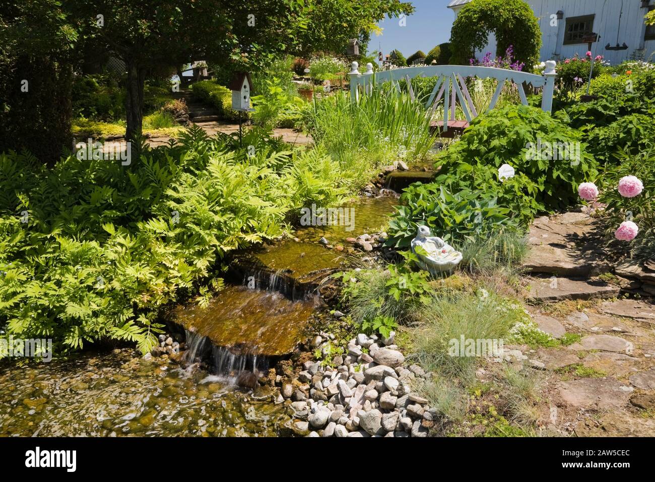 White wooden footbridge over a small man-made stream with cascading ...