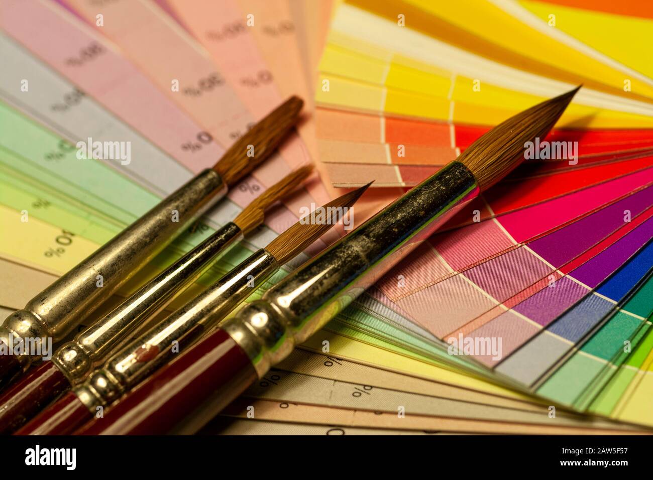 Brushes on a color print of pantone statistics offset scale Stock Photo ...
