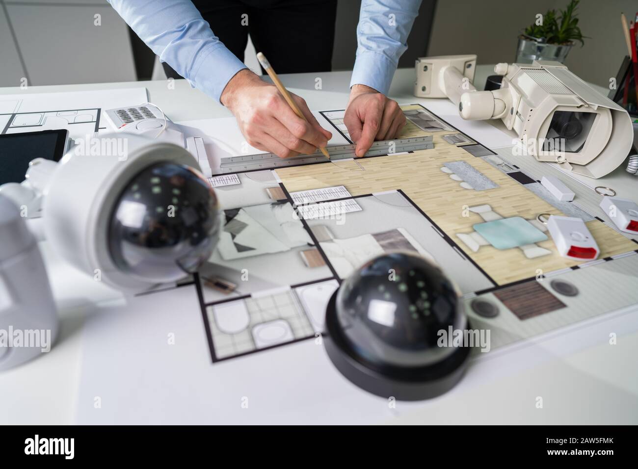 Close-up Of An Architect's Hand Drawing Blueprint With Security ...