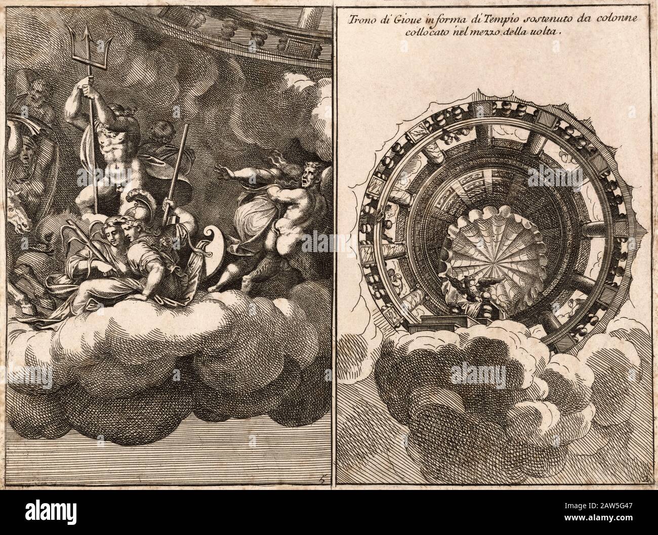 Engraved french XVIII Century print " The Throne of Jupiter on Olympia ...