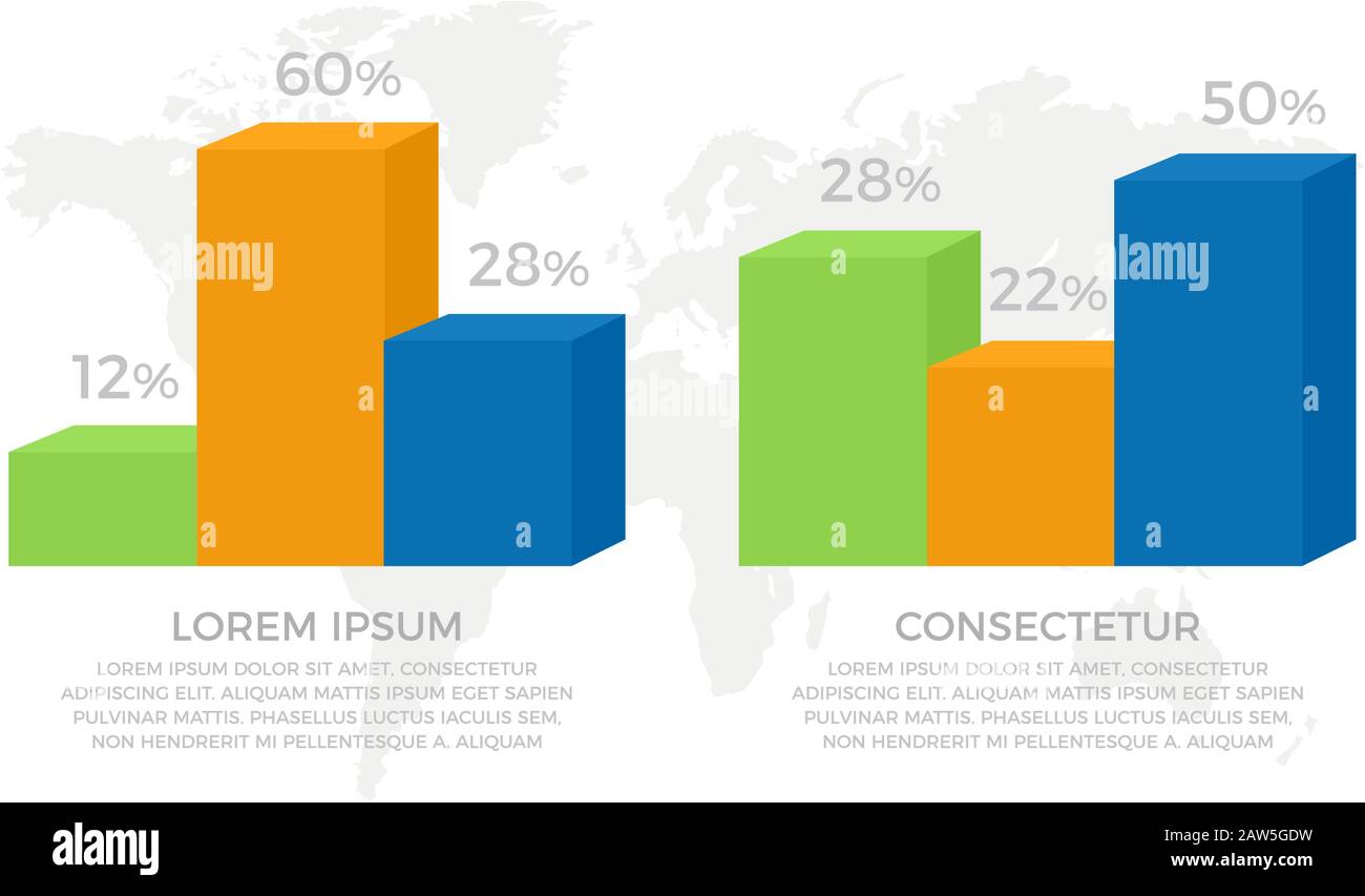 Set of green, orange, blue elements for infographic with world map ...