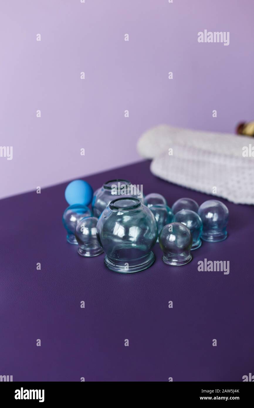 The Therapeutic Massage Glass Tool Set Of Different Spa Equipment Stock ...