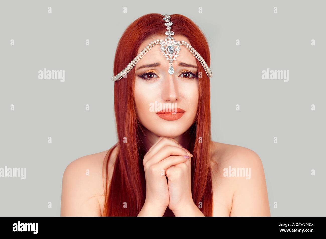 Help! Closeup portrait young woman gesturing with clasped hands, please ...