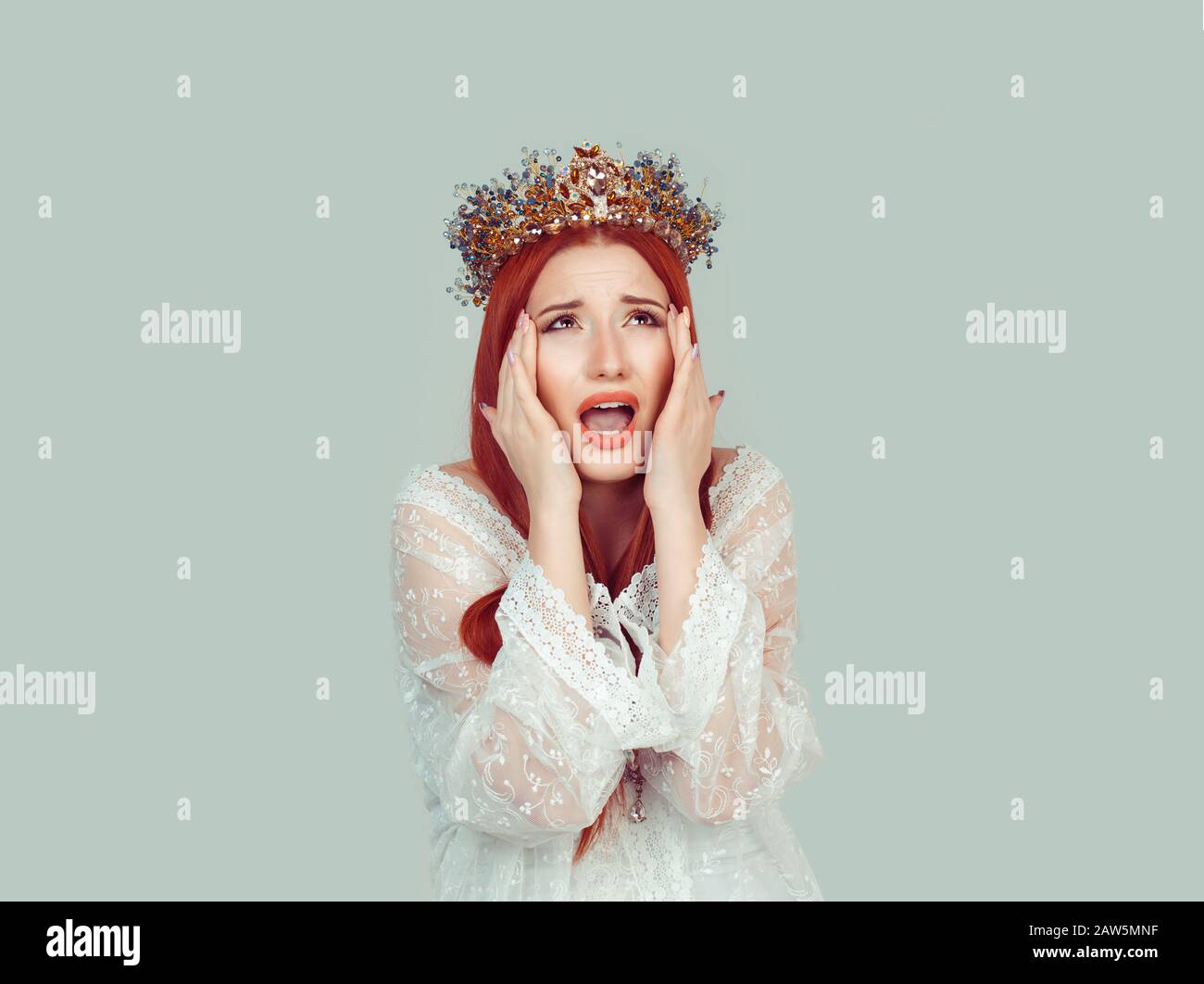 Stressed frustrated shocked beauty queen woman looking up yelling ...