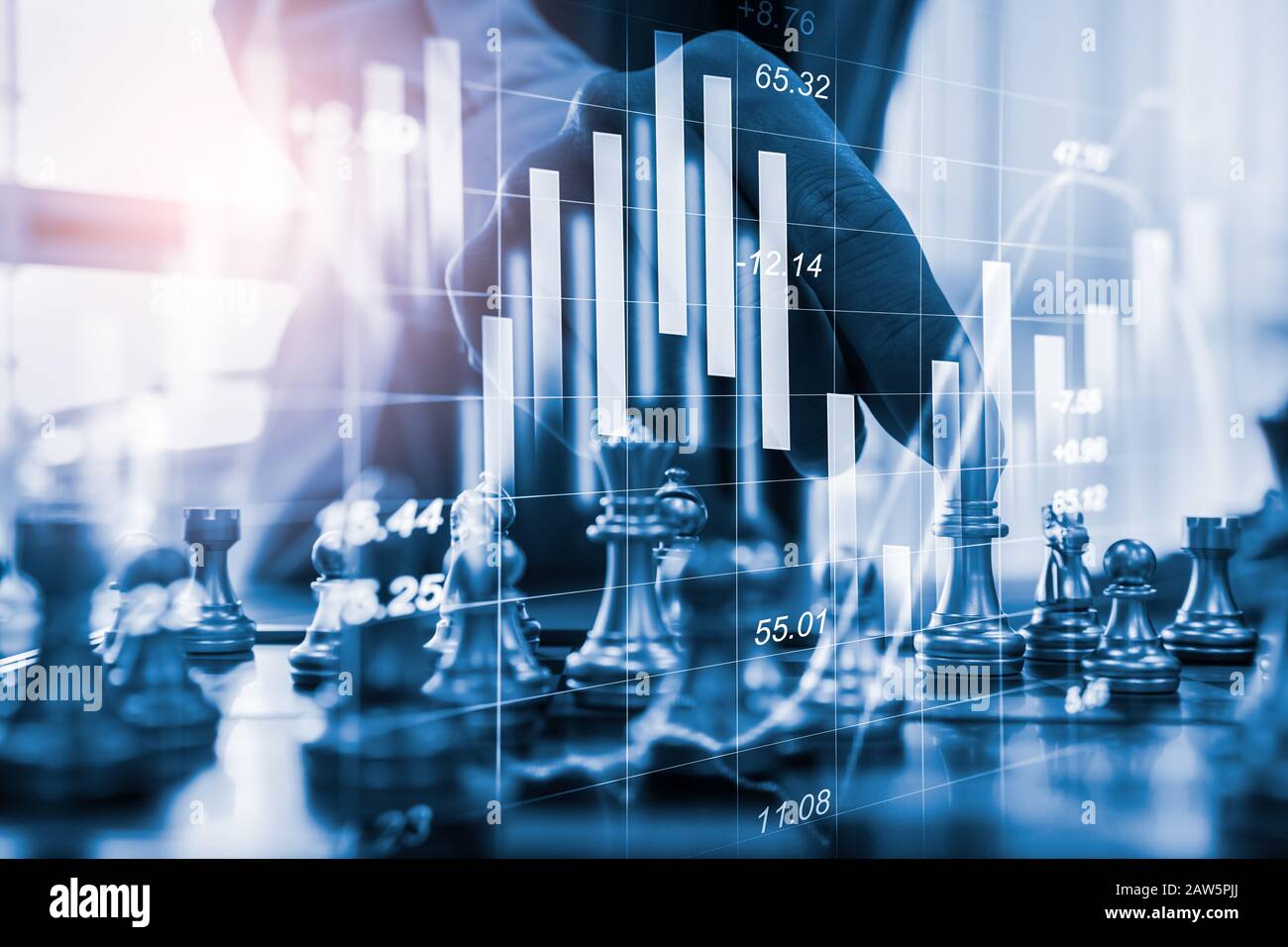 Chess game on chess board on stock market or forex trading graph chart ...