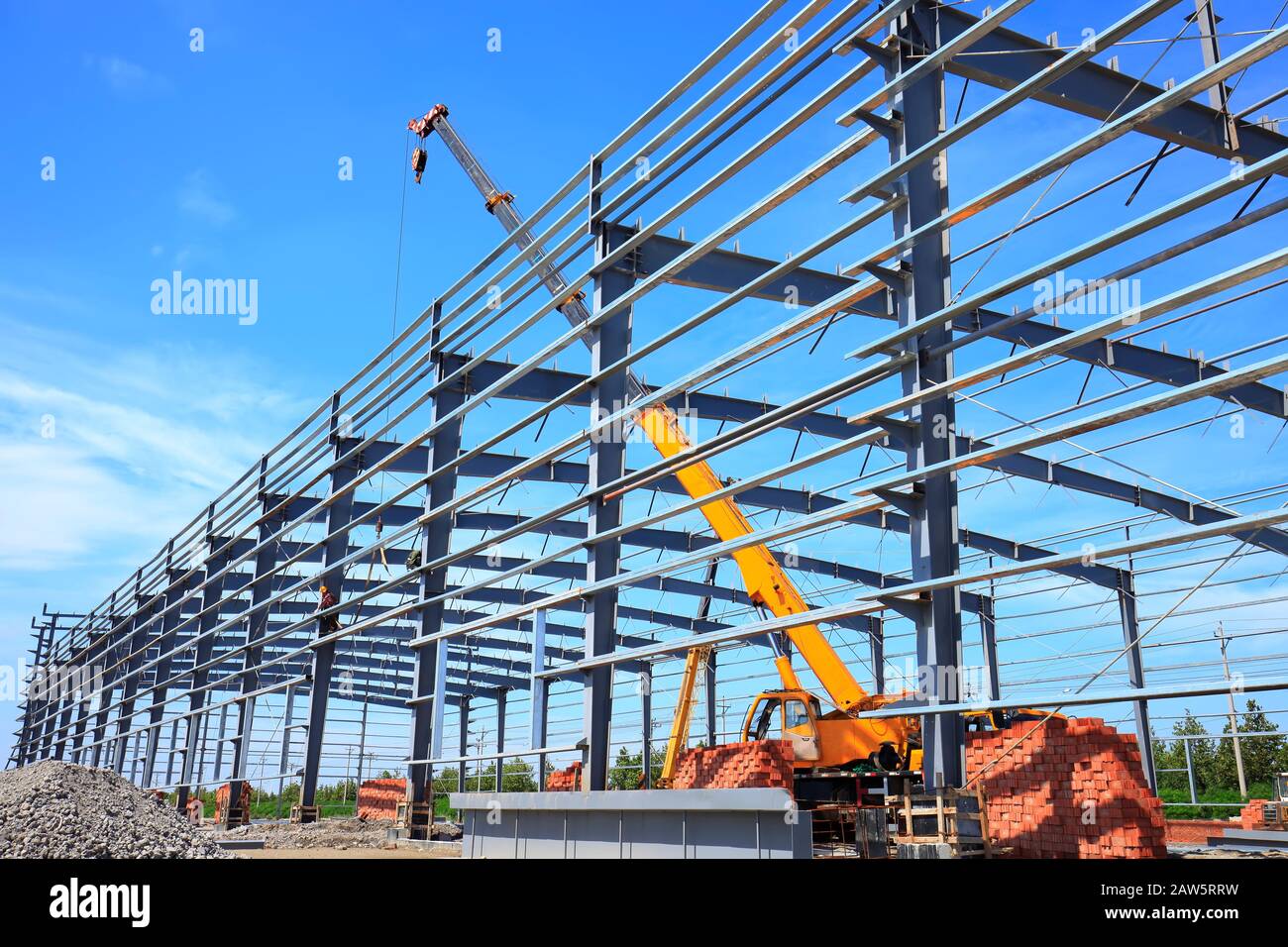 Construction site, steel frame structure is under construction Stock ...