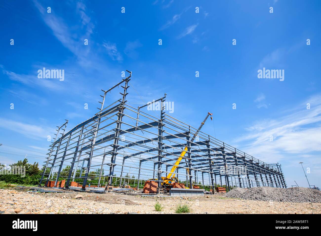 Construction site, steel frame structure is under construction Stock ...