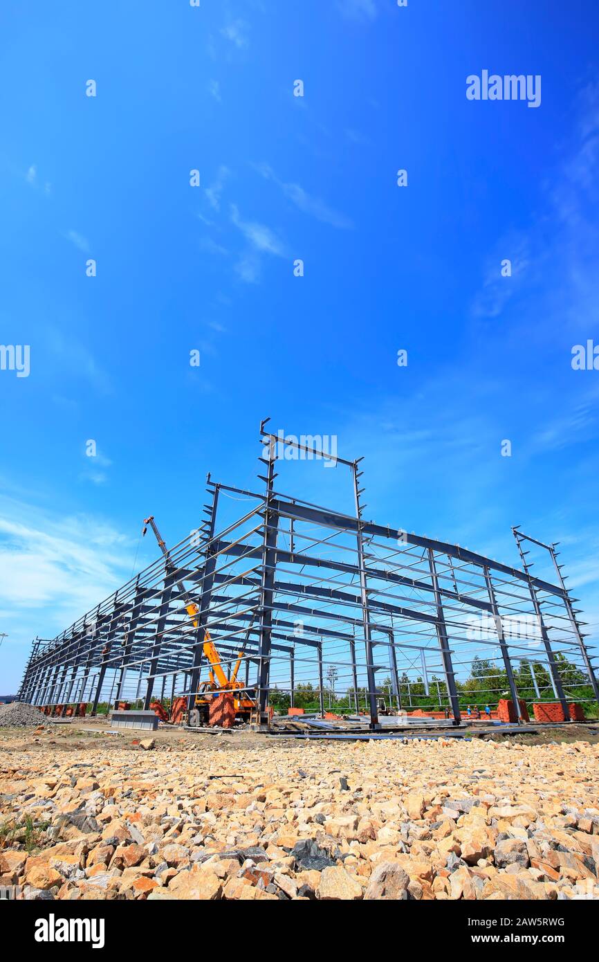Construction site, steel frame structure is under construction Stock ...