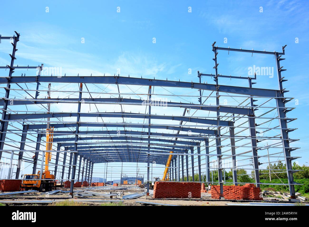 Construction site, steel frame structure is under construction Stock ...