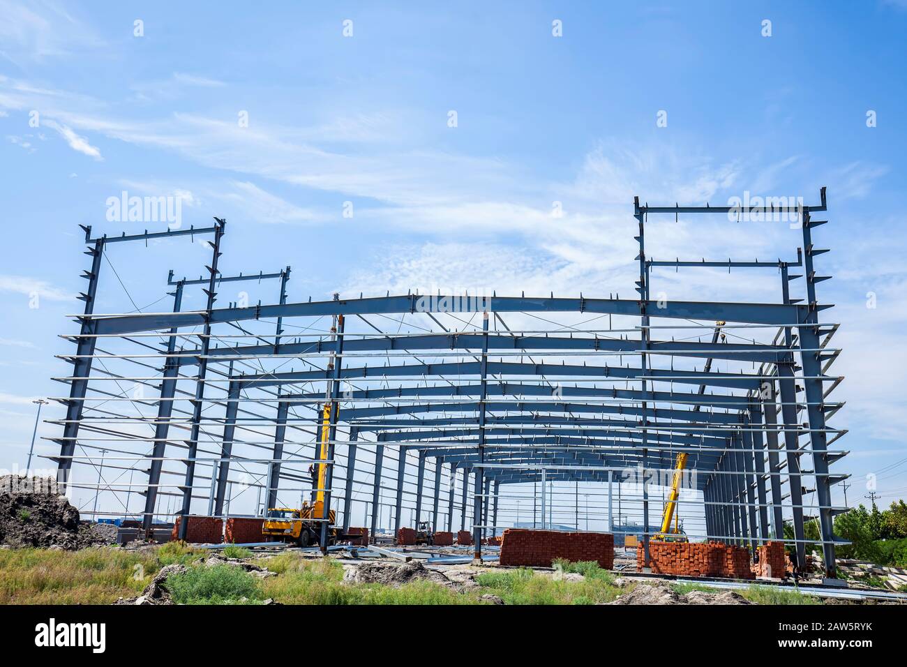Construction site, steel frame structure is under construction Stock ...