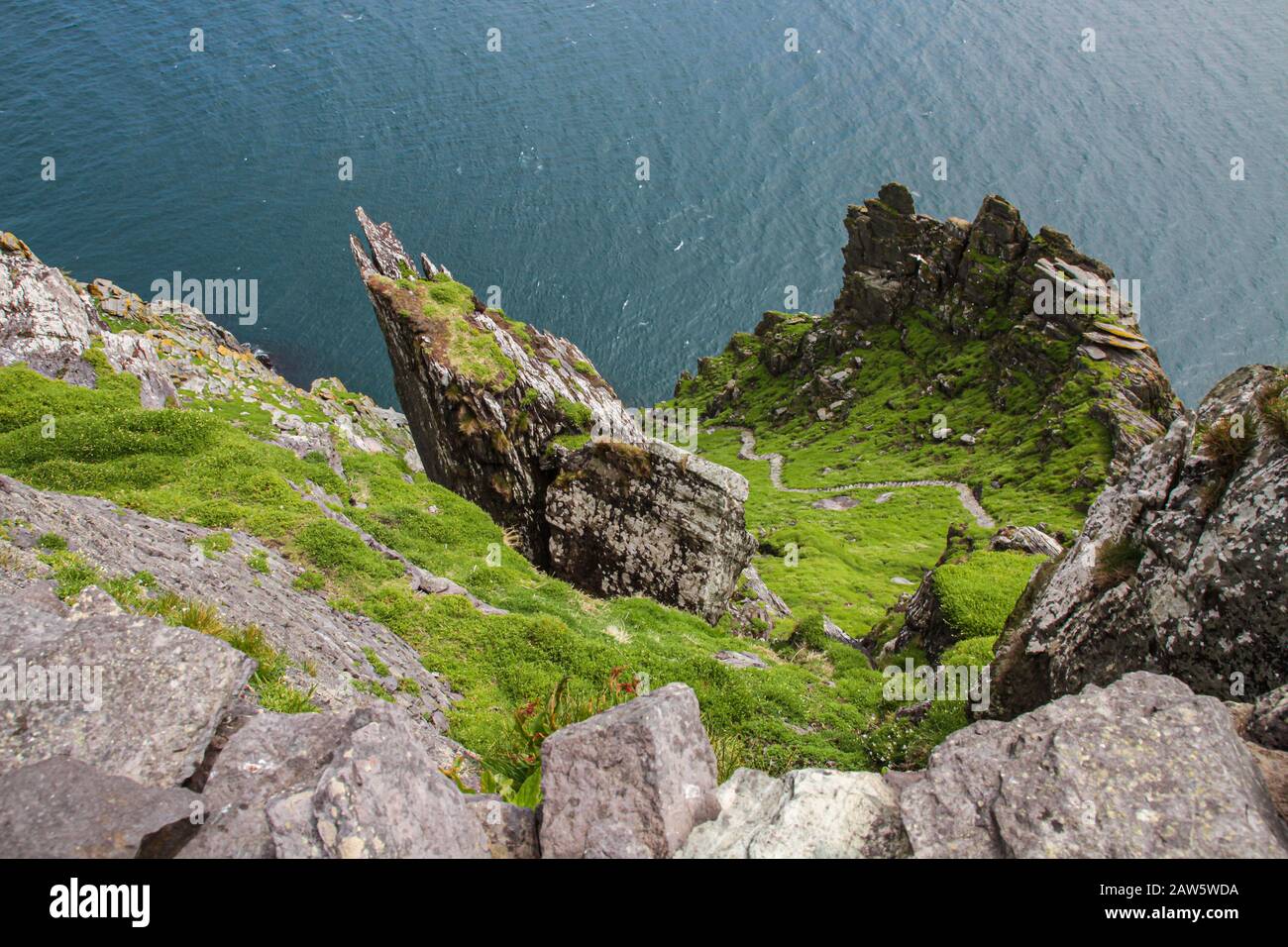 View down from top of Skellig Michael, island in the Atlantic Ocean off ...