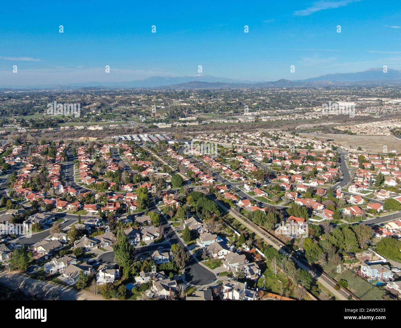Aerial view of residential town during blue sunny day in Temecula ...