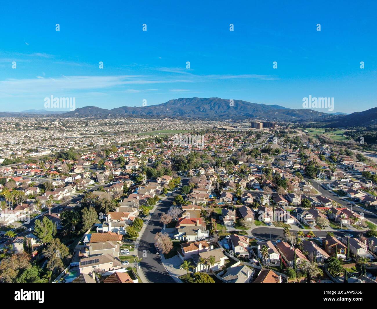 Aerial view of residential town during blue sunny day in Temecula ...