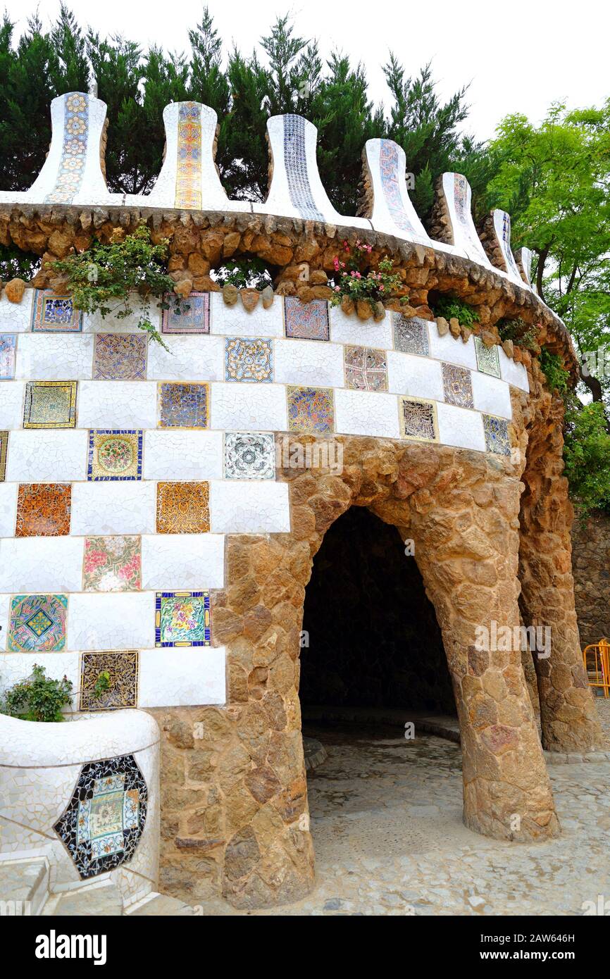 Parc Guell a garden overlooking Barcelona, designed and built by Guadi ...