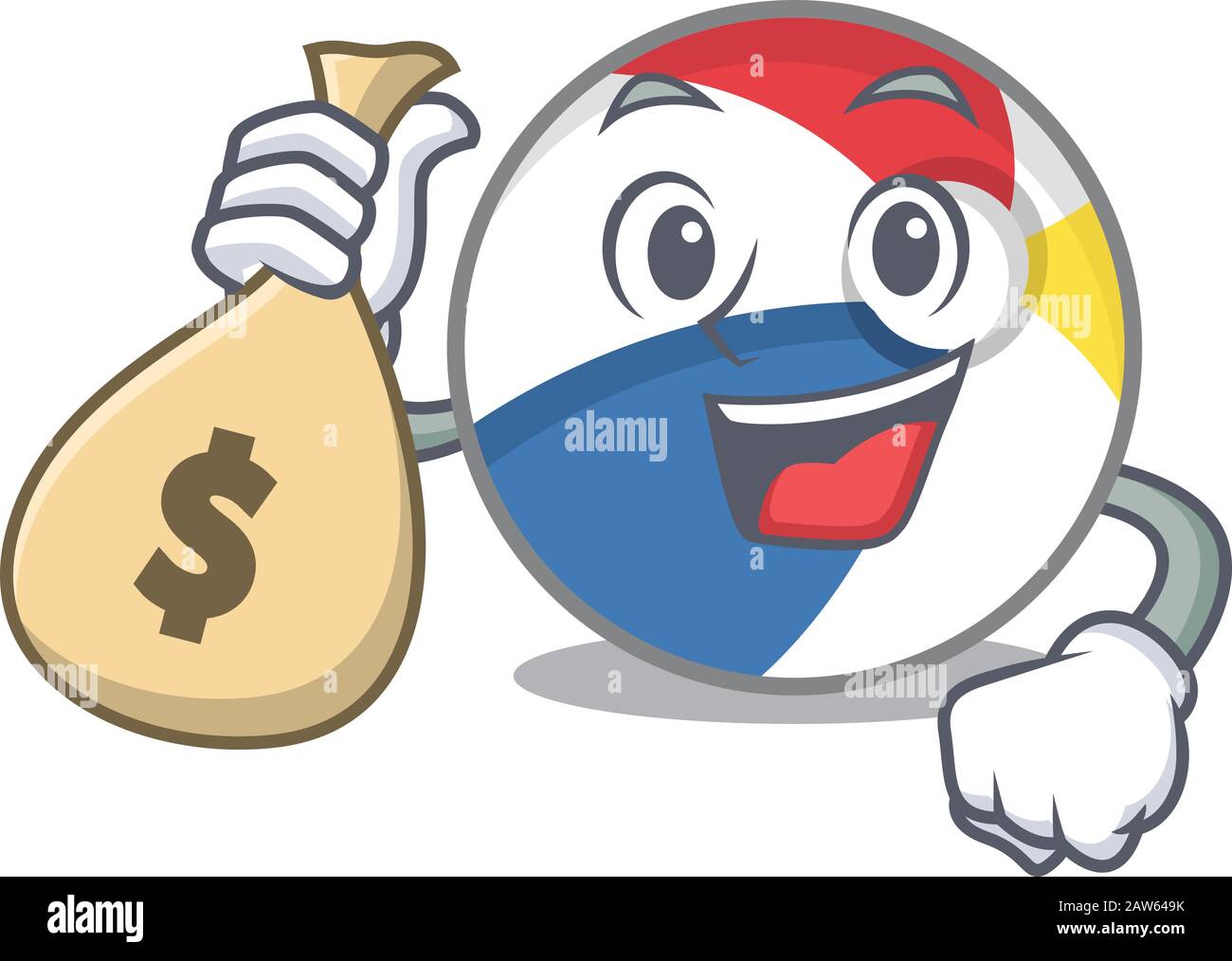 Rich and famous beach ball cartoon character holding money bag Stock ...